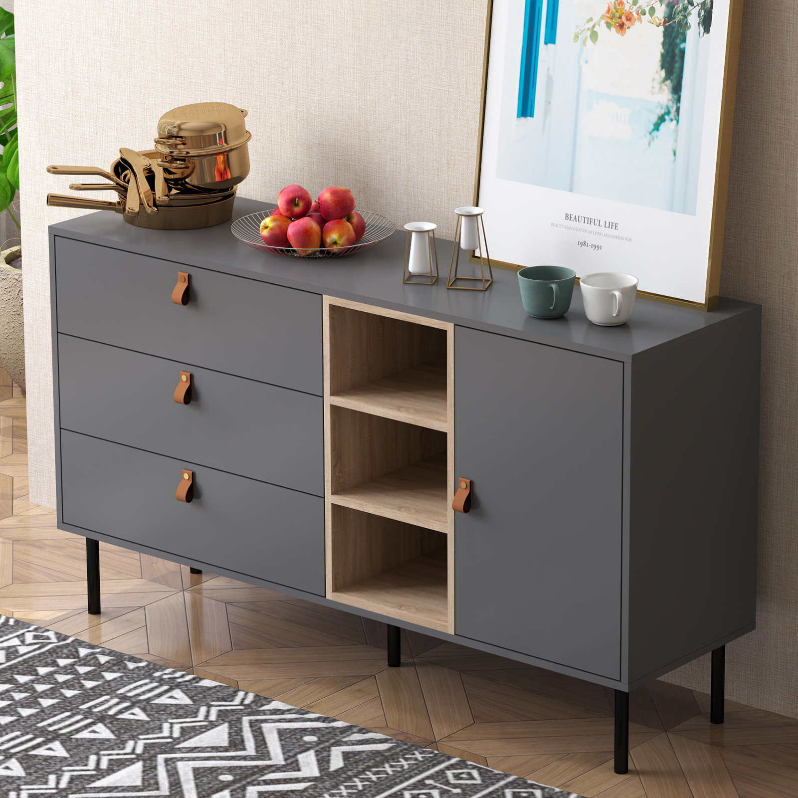Ebern Designs Alamgir 55"W Storage Cabinets,gray Side Cabinet with Drawers and Doors, Accent ...